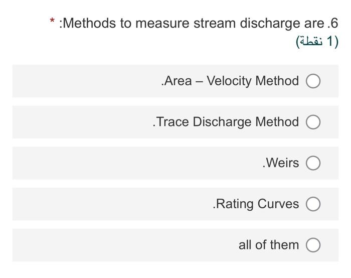 Solved :Methods to measure stream discharge are.6 (1 نقطة) | Chegg.com