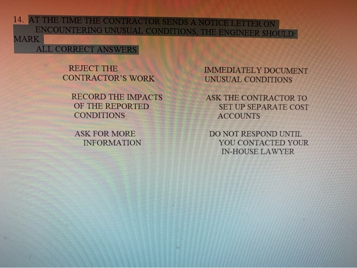 Solved 14. AT THE TIME THE CONTRACTOR SENDS A NOTICE LETTER | Chegg.com
