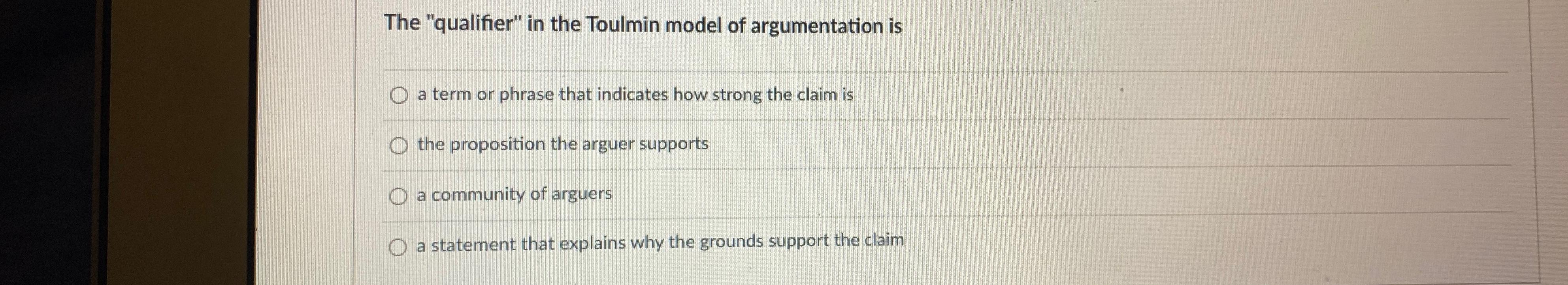 Solved The "qualifier" in the Toulmin model of argumentation | Chegg.com