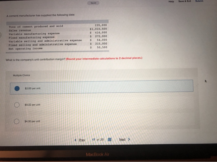 Solved Help Save & Exit Submit A cement manufacturer has | Chegg.com