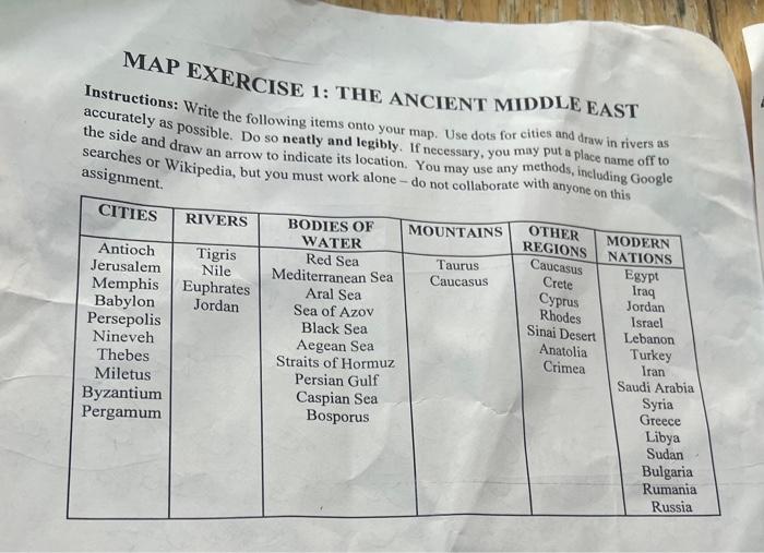 MAP EXERCISE 1: THE ANCIENT MIDDLE EAST Instructions: | Chegg.com