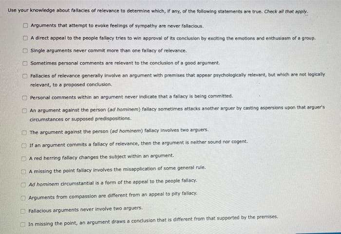 Use your knowledge about fallacies of relevance to | Chegg.com