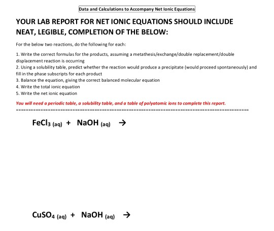 Solved Data and Calculations to Accompany Net lonic | Chegg.com