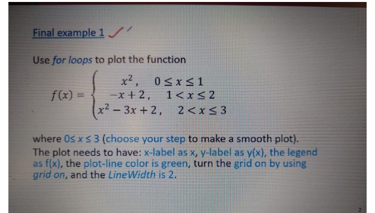 Solved Final example 1 Use for loops to plot the function | Chegg.com