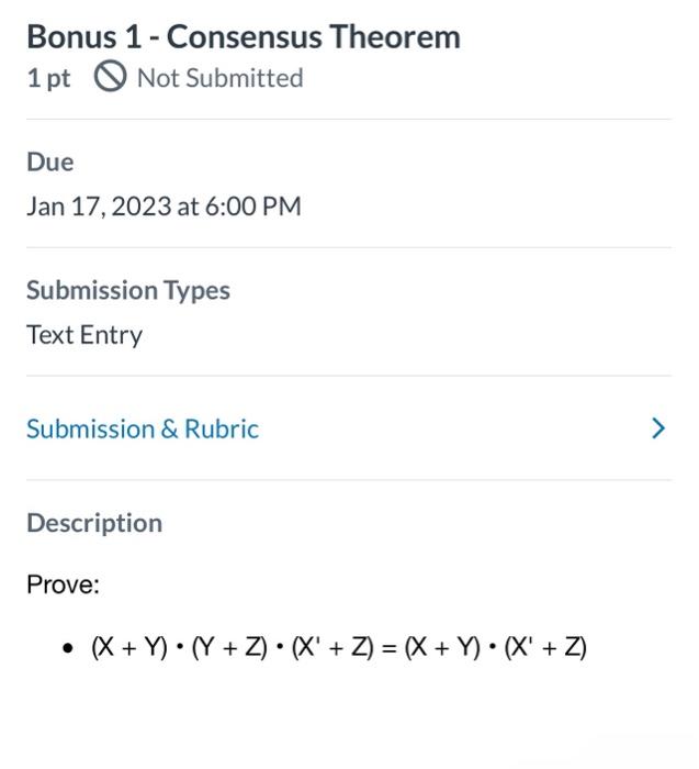 Solved Bonus 1 - Consensus Theorem 1 pt Not Submitted Due | Chegg.com