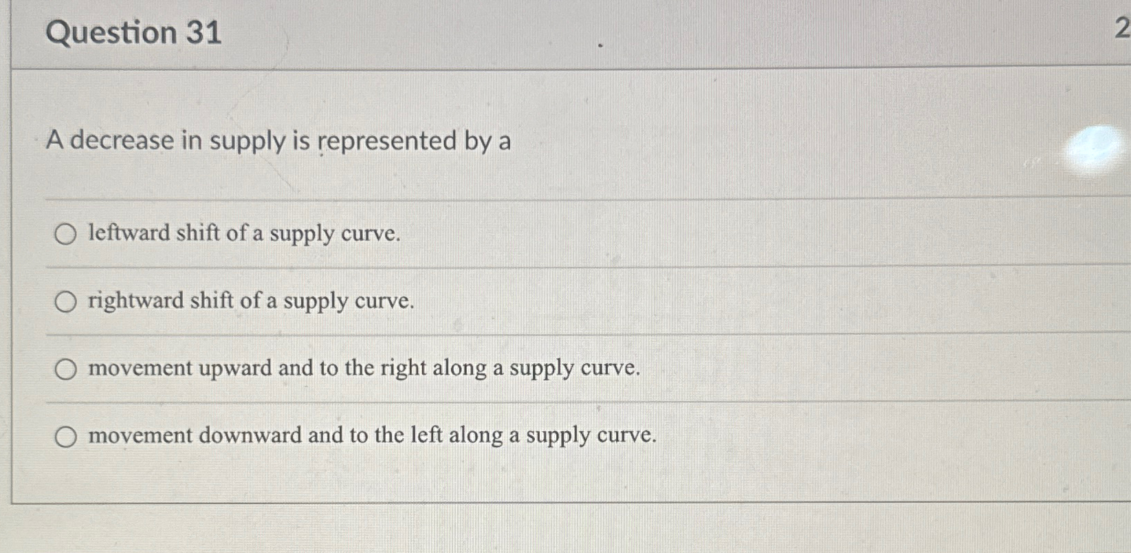Solved Question 31A decrease in supply is represented by | Chegg.com