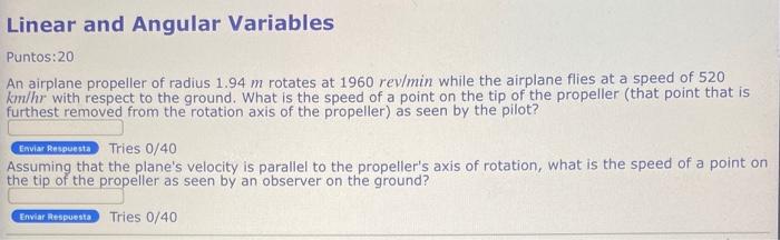 Solved Linear and Angular Variables Puntos: 20 An airplane | Chegg.com
