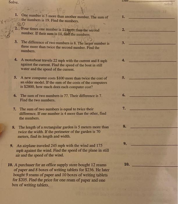 Solved Solve. svol 1. X+2 2. u 1. One number is 5 more than | Chegg.com