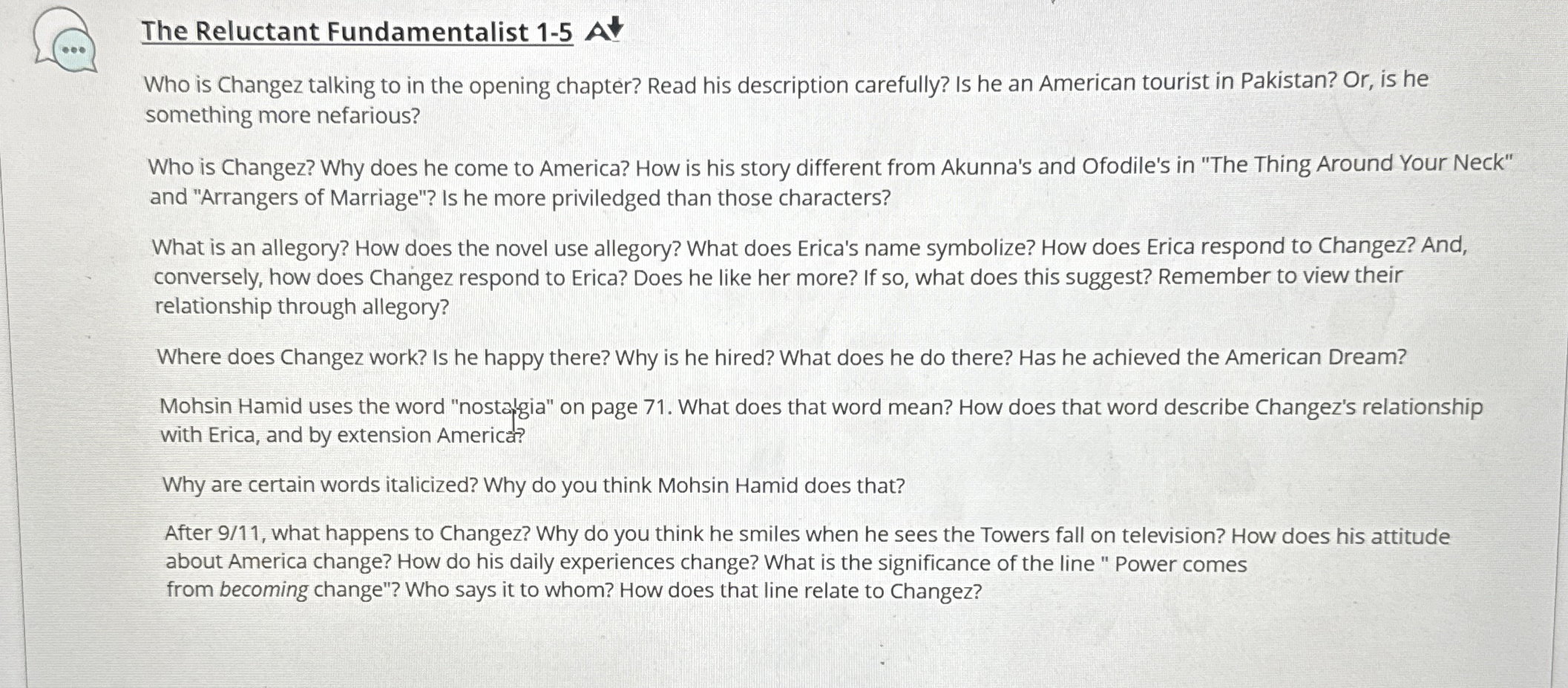 Solved The Reluctant Fundamentalist 1-5Who is Changez | Chegg.com