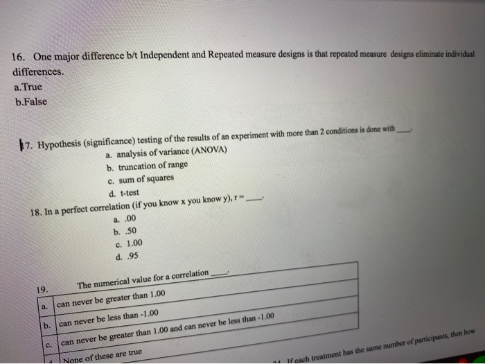 Solved 16. One major difference b/t Independent and Repeated | Chegg.com