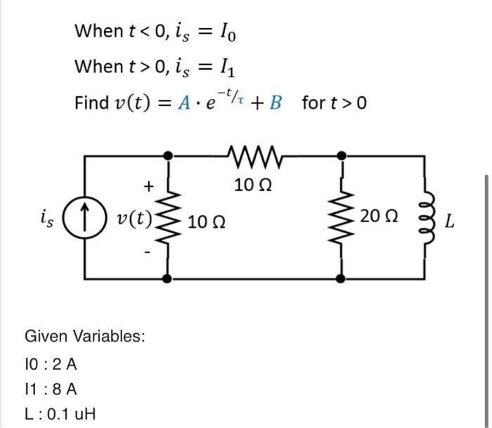 Solved When t>0,is=I1 Find v(t)=A⋅e−t/τ+B Given Variables: | Chegg.com