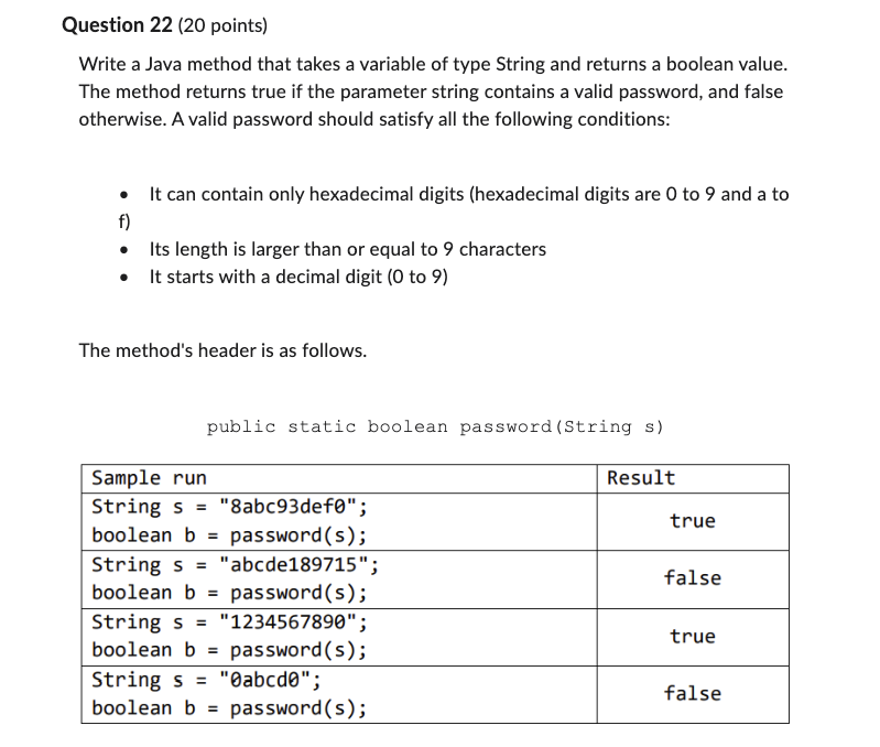 Solved Question 22 (20 ﻿points)Write a Java method that | Chegg.com