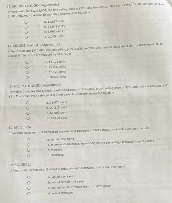 Solved 16. MC.20.113.ALGO (Algorithmic) If fixed costs are | Chegg.com