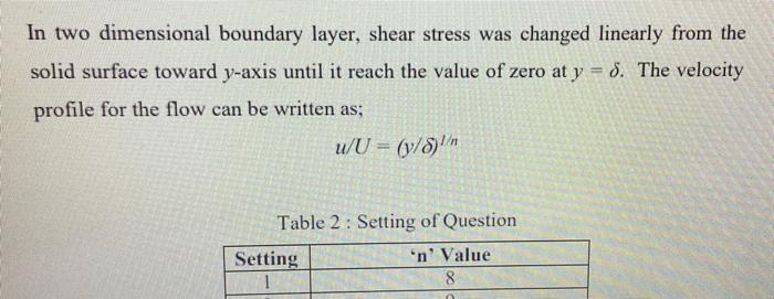 Solved In two dimensional boundary layer, shear stress was | Chegg.com