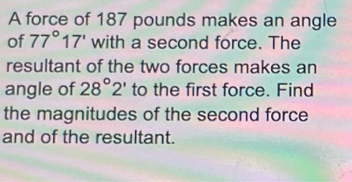 Solved A force of 187 pounds makes an angle of 77°17' with a | Chegg.com
