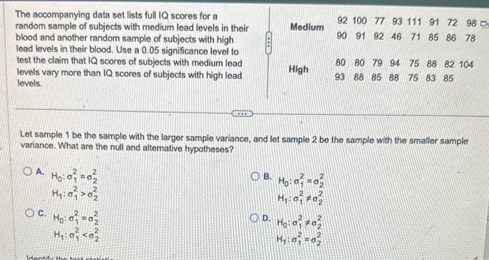 Solved The accompanying data set lists full IQ scores for a | Chegg.com