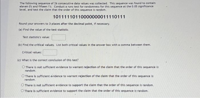 Solved The following sequence of 26 consecutive data values | Chegg.com