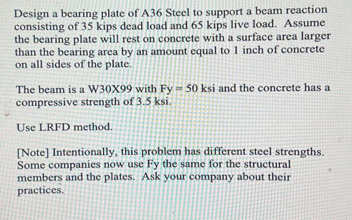 Solved Design a bearing plate of A36 Steel to support a beam | Chegg.com