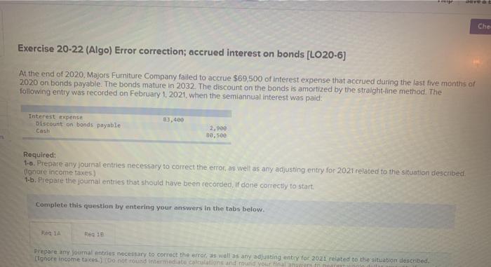 Solved Exercise 20-22 (Algo) Error correction; accrued | Chegg.com