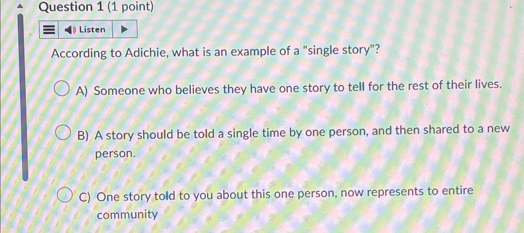 Solved Question 1 (1 ﻿point)According to Adichie, what is an | Chegg.com