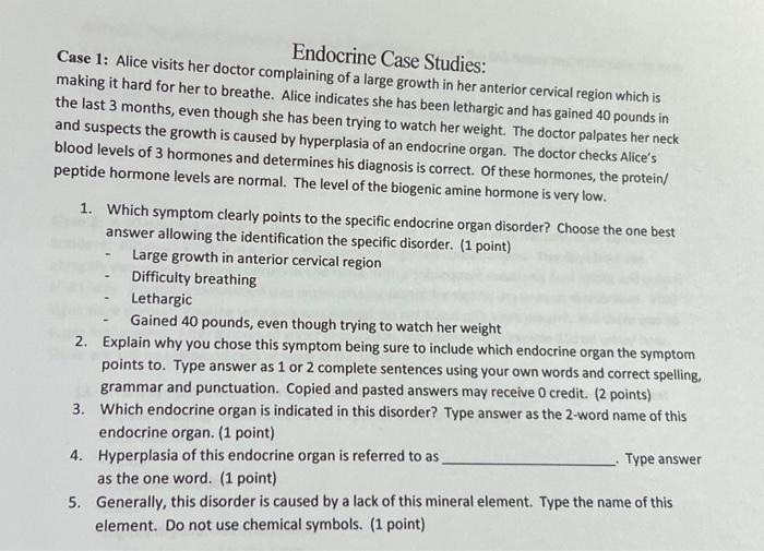 Solved Endocrine Case Studies: Case 1: Alice visits her | Chegg.com