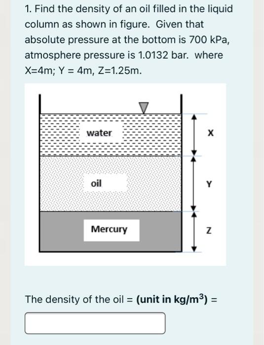 Solved 1. Find the density of an oil filled in the liquid | Chegg.com
