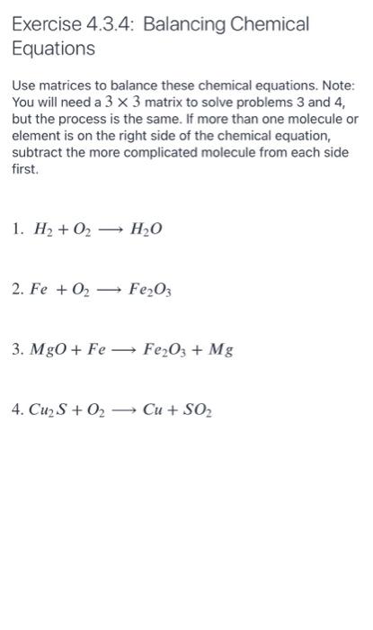 Solved Exercise 4.3.4: Balancing Chemical Equations Use | Chegg.com