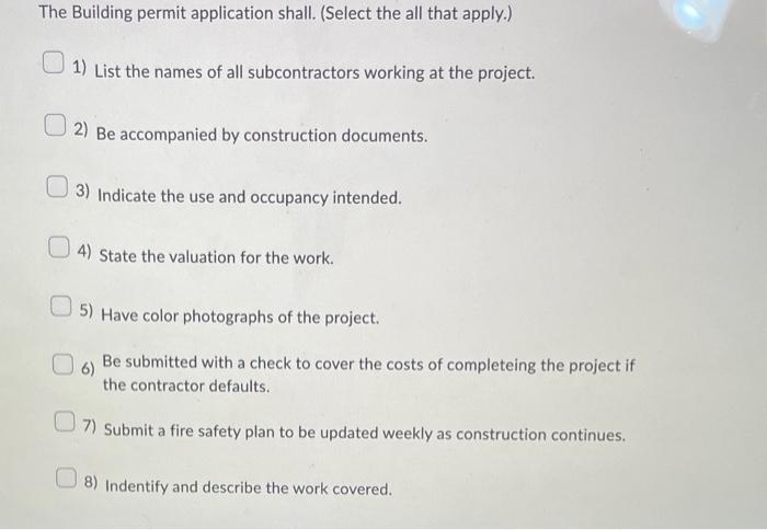 Solved The Building permit application shall. (Select the | Chegg.com