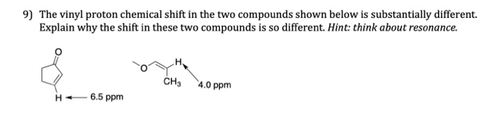Solved 9) The vinyl proton chemical shift in the two | Chegg.com