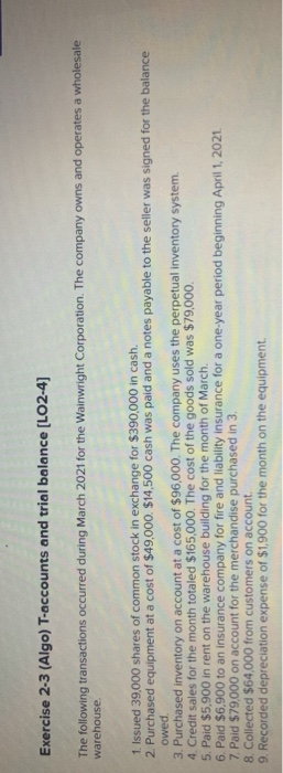 Solved Exercise 2-3 (Algo) T-accounts and trial balance | Chegg.com