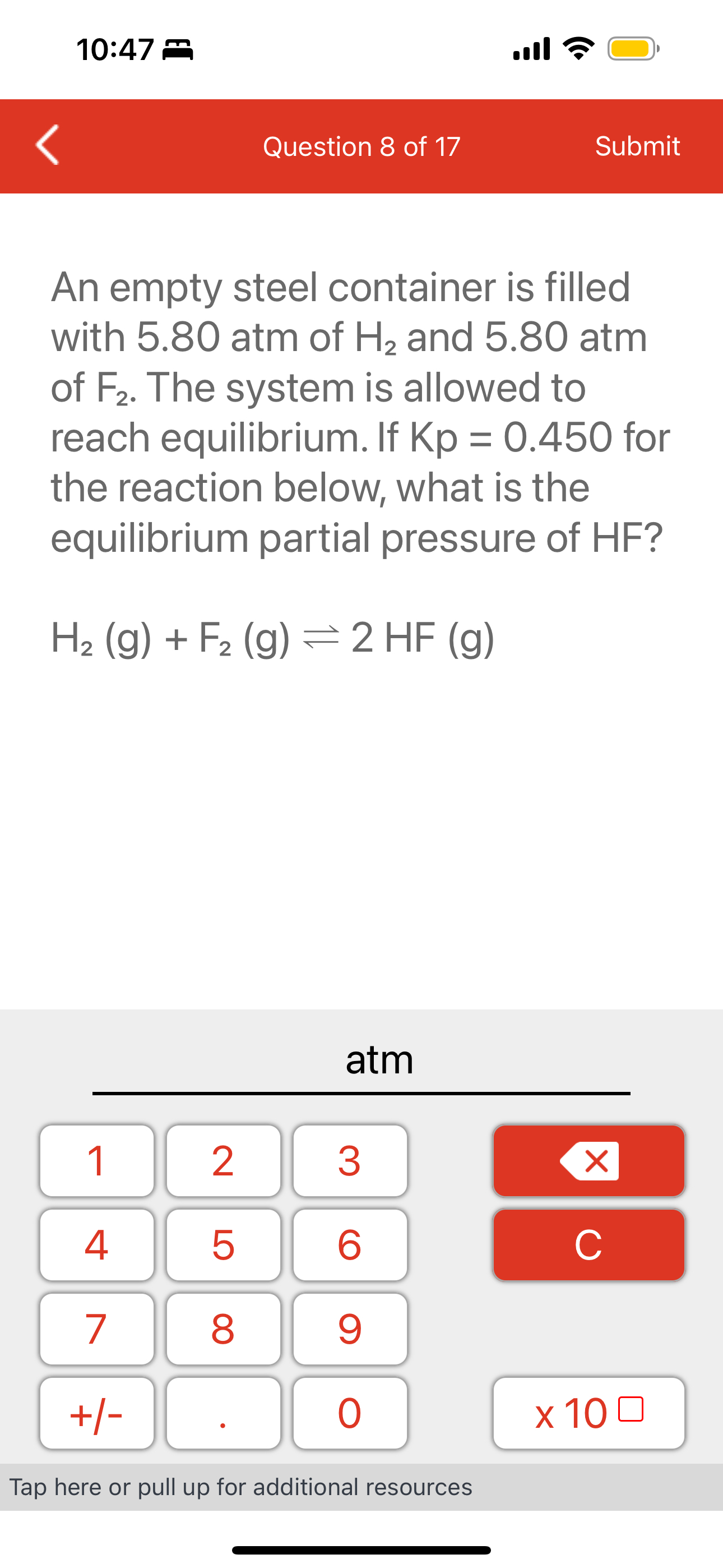 Solved 10:47 ﻿m.lll ?Question 8 ﻿of 17SubmitAn empty steel | Chegg.com