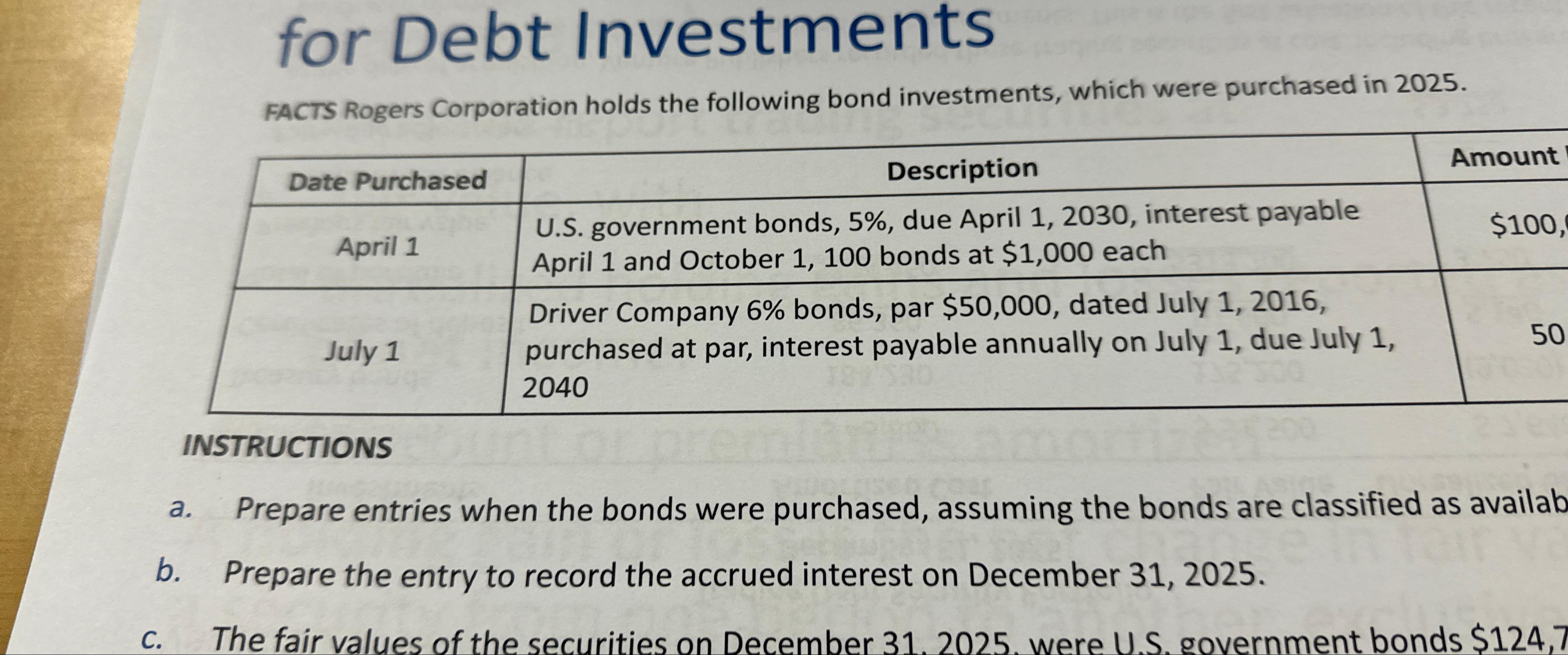 for Debt Investments\\nFACTS Rogers Corporation holds | Chegg.com