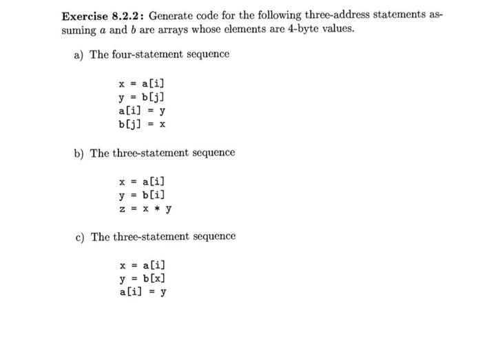 Exercise 8.2.2: Generate code for the following | Chegg.com