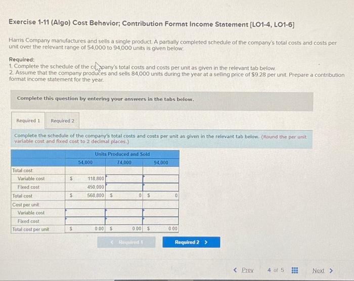 Solved Exercise 1-11 (Algo) Cost Behavior; Contribution | Chegg.com