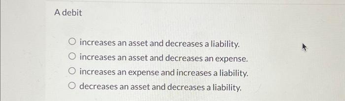 Solved A debit O increases an asset and decreases a | Chegg.com