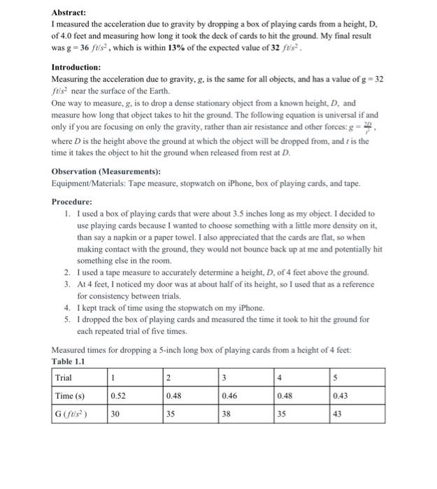 phys140 Lab: measuring the acceleration due to | Chegg.com