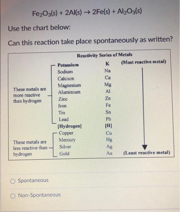Solved Fe2O3(s) + 2Al(s) + 2Fe(s) + Al2O3(s) Use the chart | Chegg.com