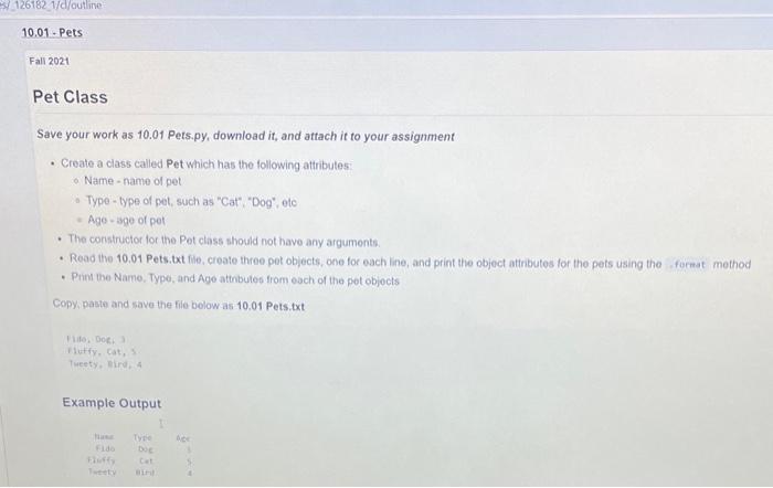 Solved 126182 1/d/outline 10.01. Pets Fall 2021 Pet Class | Chegg.com