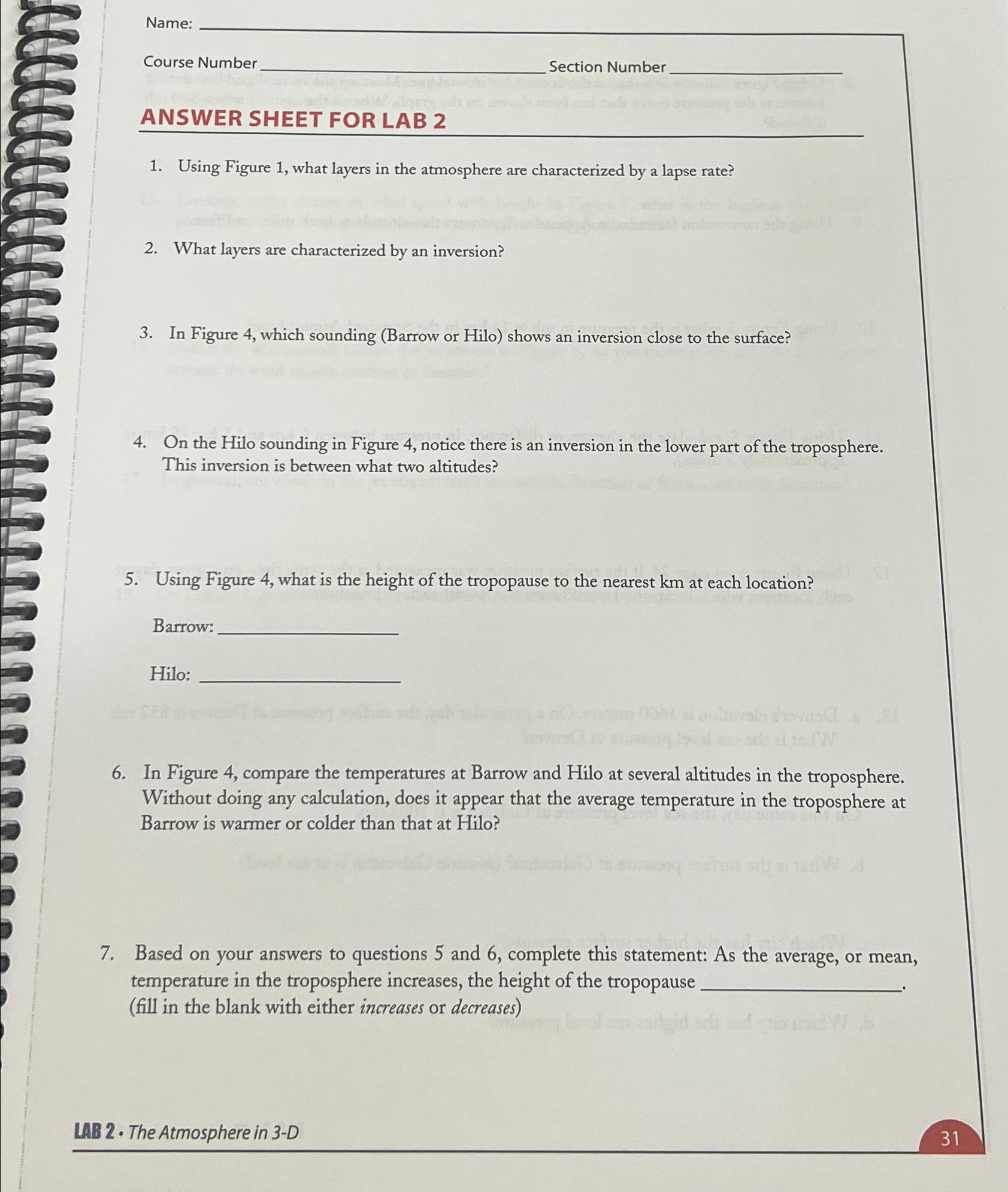 Solved Name:Course Number Section NumberANSWER SHEET FOR LAB | Chegg.com