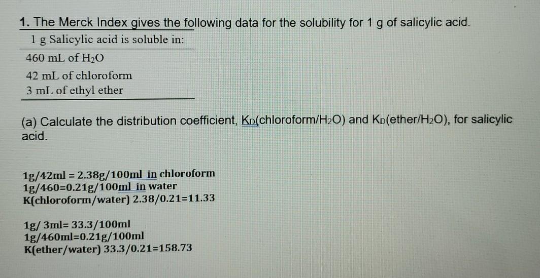 1. The Merck Index gives the following data for the | Chegg.com