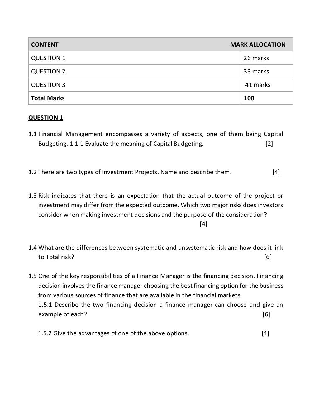 Solved \table[[CONTENT,MARK ALLOCATION],[QUESTION 1,26 | Chegg.com