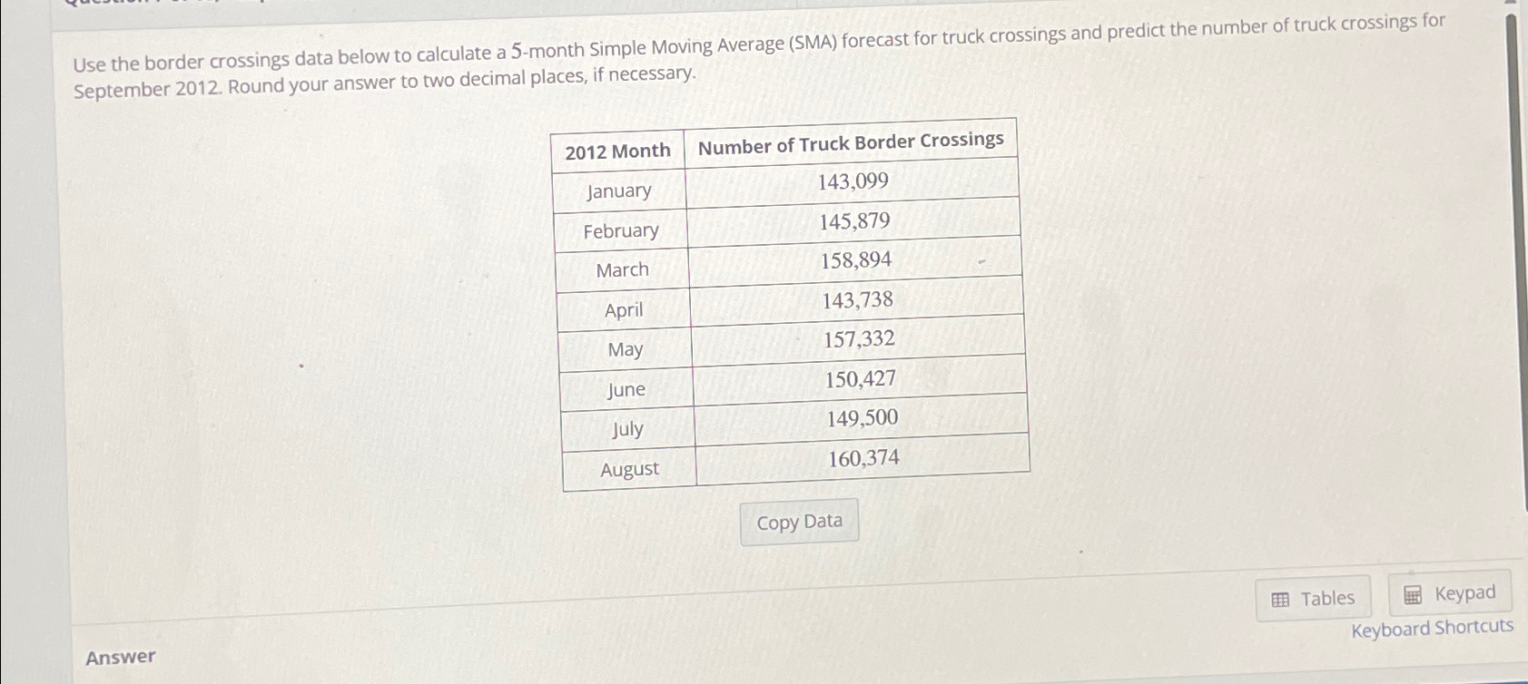 Solved Use the border crossings data below to calculate a | Chegg.com