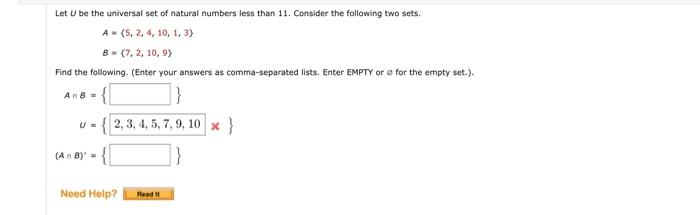 Solved Let U be the universal set of natural numbers less | Chegg.com