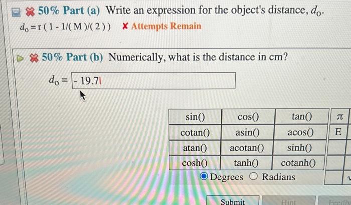 Solved (10\%) Problem 3: An object is placed a distance d0 | Chegg.com