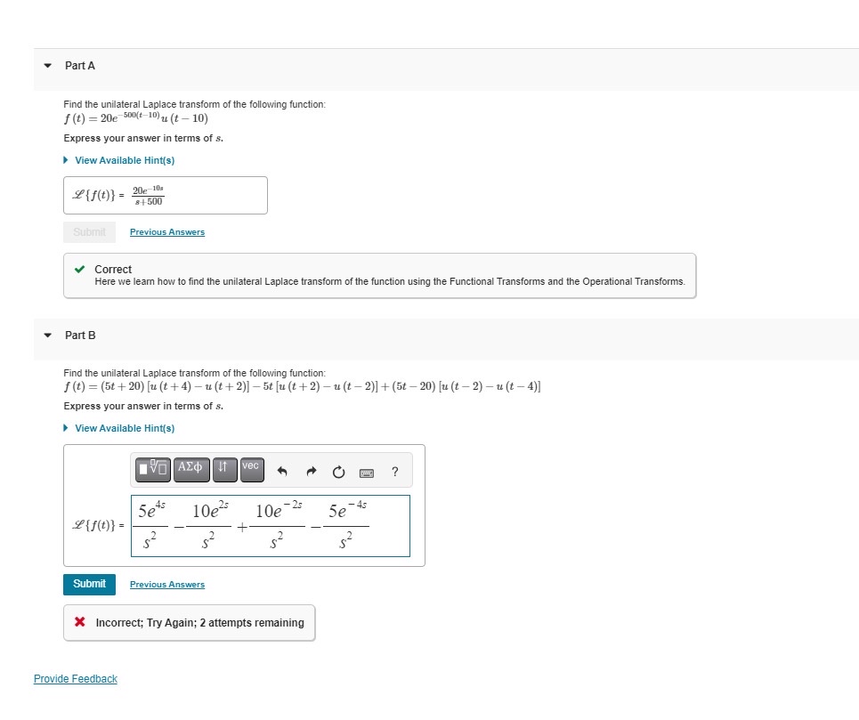 Solved Part AFind the unilateral Laplace transform of the | Chegg.com