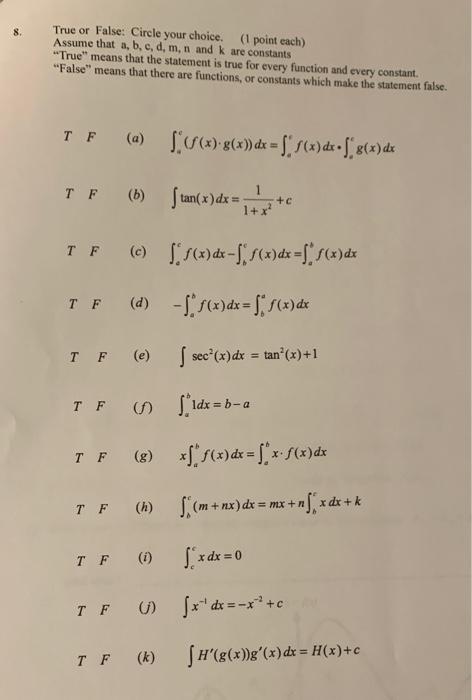 Solved True or False: Circle your choice. (1 point each) | Chegg.com