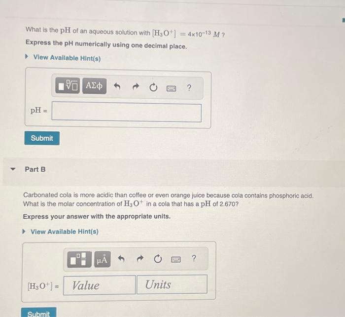 Solved Learning Goal: To calculate pH and use it as a | Chegg.com
