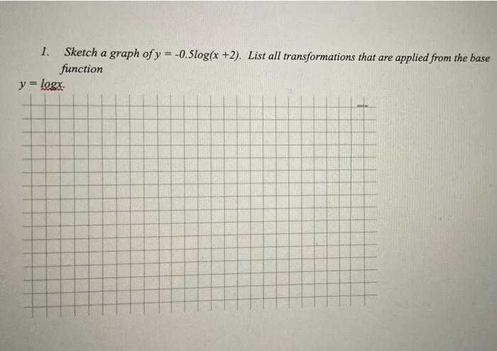 Solved 1. Sketch a graph of y = -0.5log(x +2). List all | Chegg.com