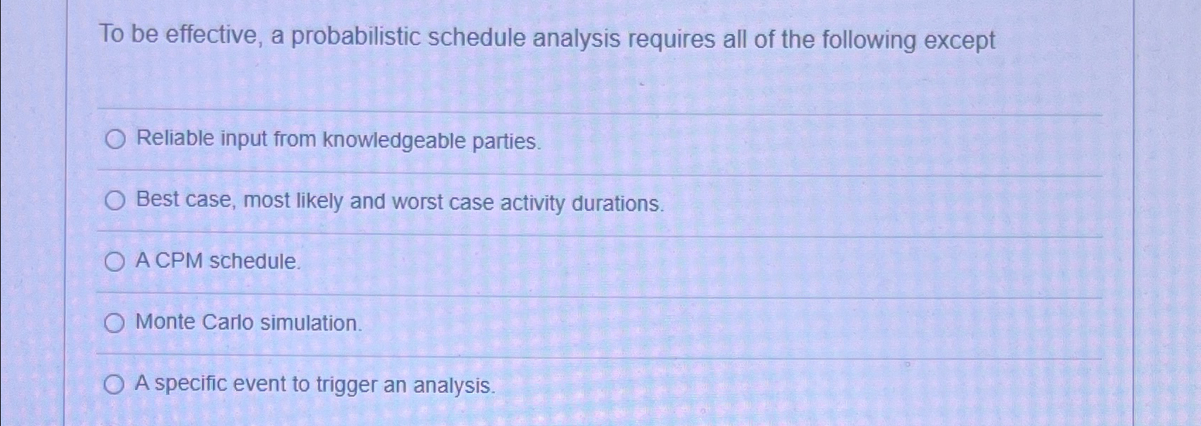 Solved To be effective, a probabilistic schedule analysis | Chegg.com