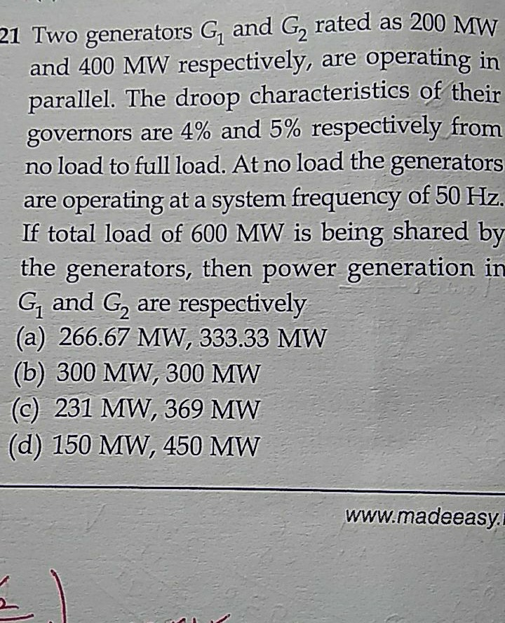 Solved 21 Two generators G, and Gy rated as 200 MW and 400 | Chegg.com